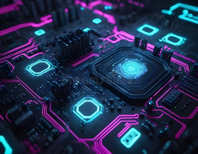 Computer Motherboard with Pink and Blue Neon Lights, Electronic Circuit ...