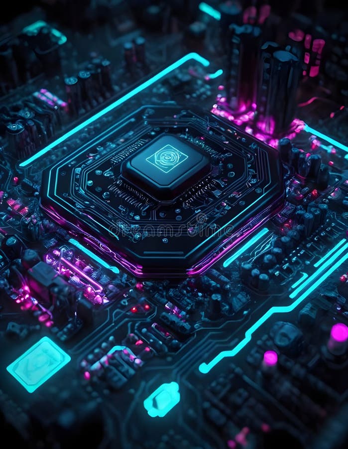 Computer Motherboard with Pink and Blue Neon Lights, Electronic Circuit ...