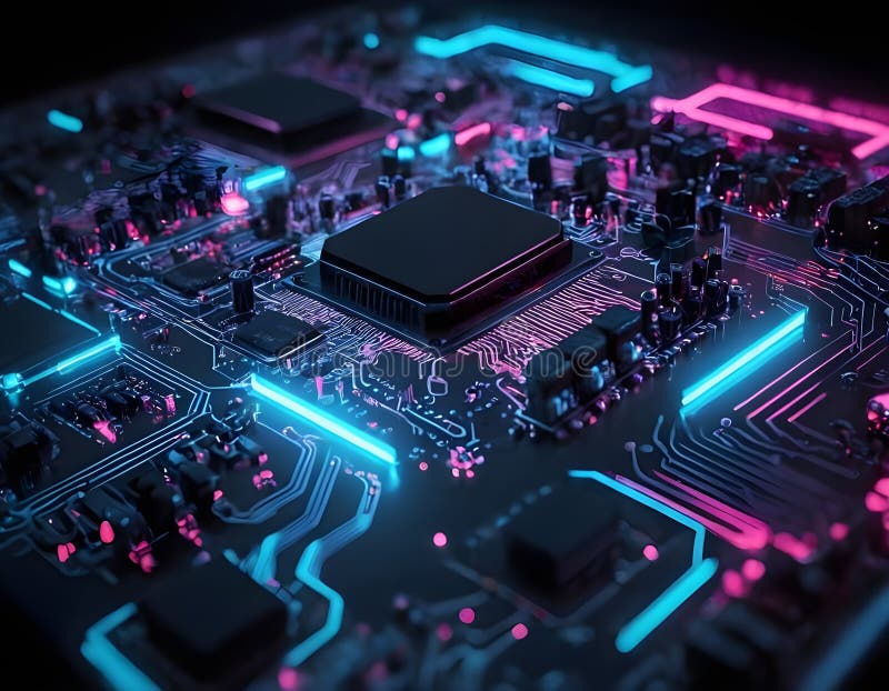 Computer Motherboard with Pink and Blue Neon Lights, Electronic Circuit ...