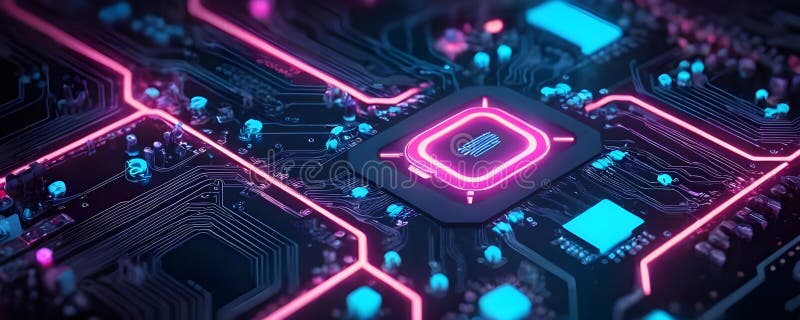 Computer Motherboard with Pink and Blue Neon Lights, Electronic Circuit ...