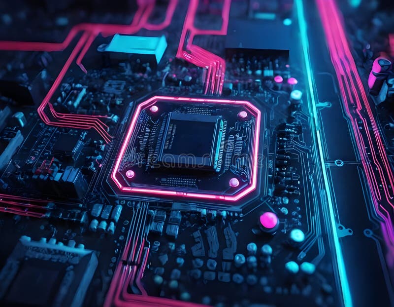 Computer Motherboard with Pink and Blue Neon Lights, Electronic Circuit ...