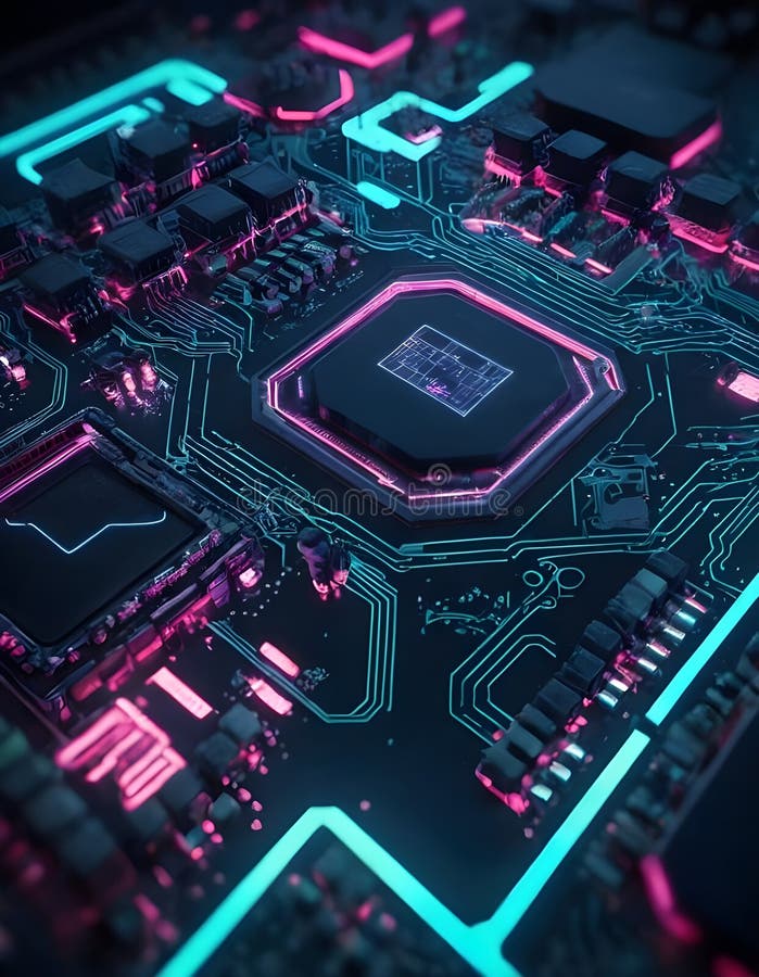 Computer Motherboard with Pink and Blue Neon Lights, Electronic Circuit ...
