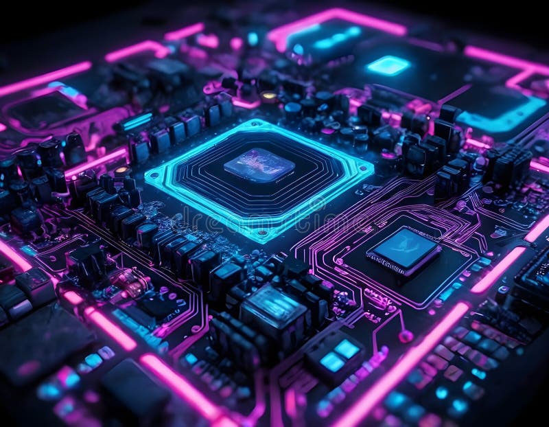 Computer Motherboard with Pink and Blue Neon Lights, Electronic Circuit ...