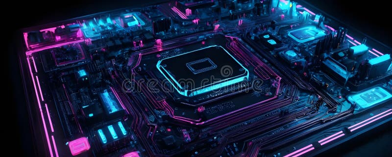 Computer Motherboard with Pink and Blue Neon Lights, Electronic Circuit ...