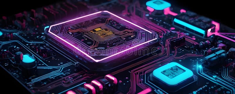 Computer Motherboard with Pink and Blue Neon Lights, Electronic Circuit ...