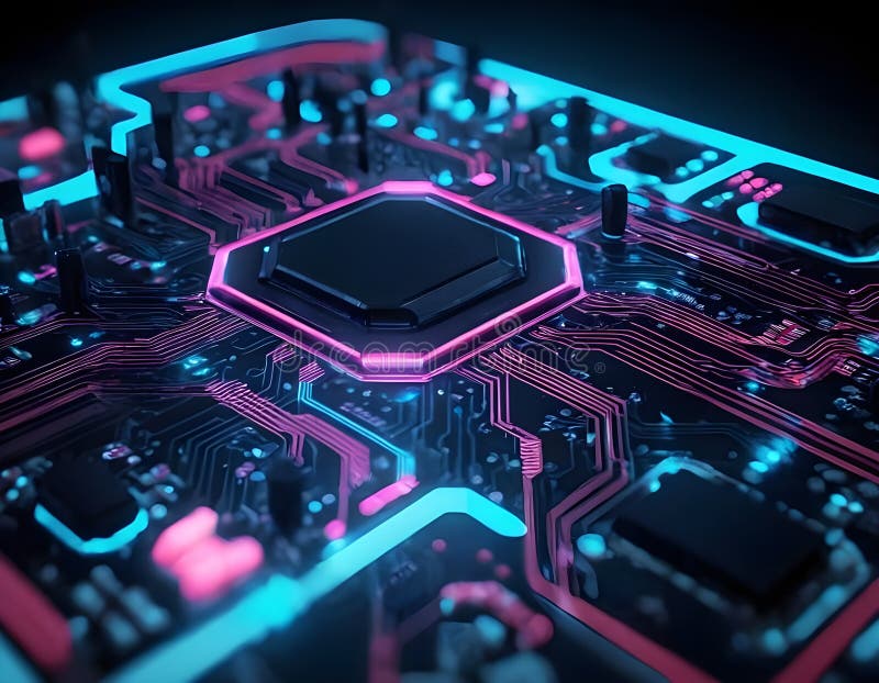 Computer Motherboard with Pink and Blue Neon Lights, Electronic Circuit ...