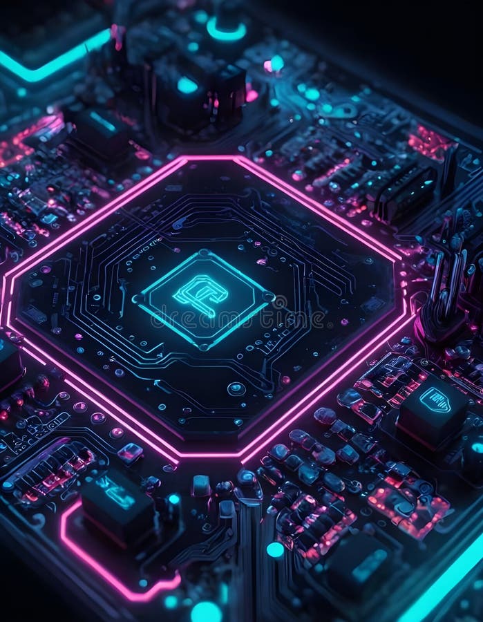 Computer Motherboard with Pink and Blue Neon Lights, Electronic Circuit ...