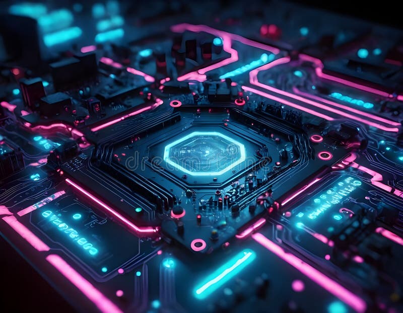 Computer Motherboard with Pink and Blue Neon Lights, Electronic Circuit ...