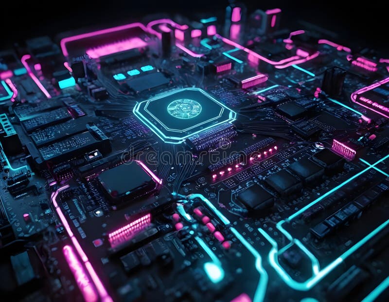 Computer Motherboard with Pink and Blue Neon Lights, Electronic Circuit ...