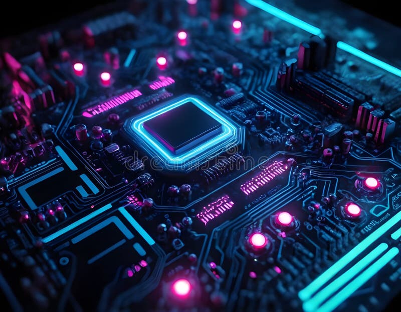 Computer Motherboard with Pink and Blue Neon Lights, Electronic Circuit ...