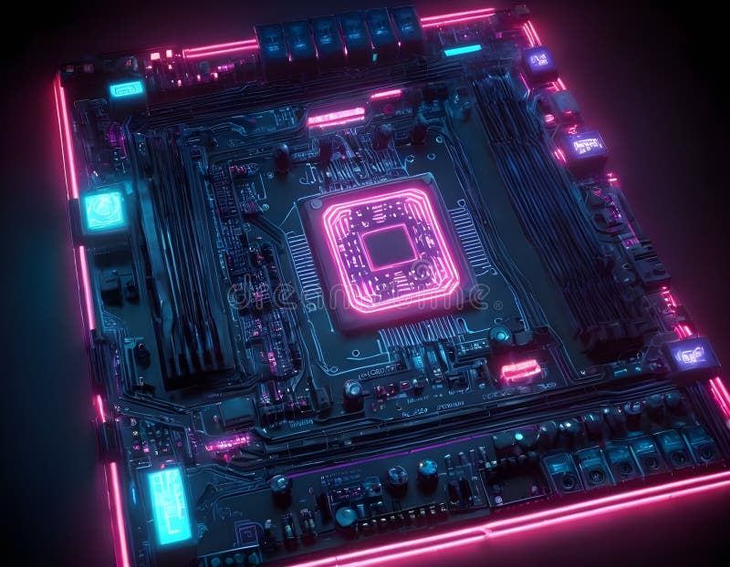 Computer Motherboard with Pink and Blue Neon Lights, Electronic Circuit ...