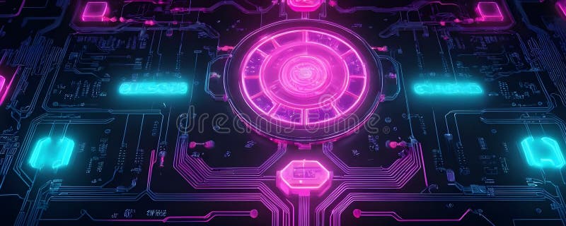 Computer Motherboard with Pink and Blue Neon Lights, Electronic Circuit ...