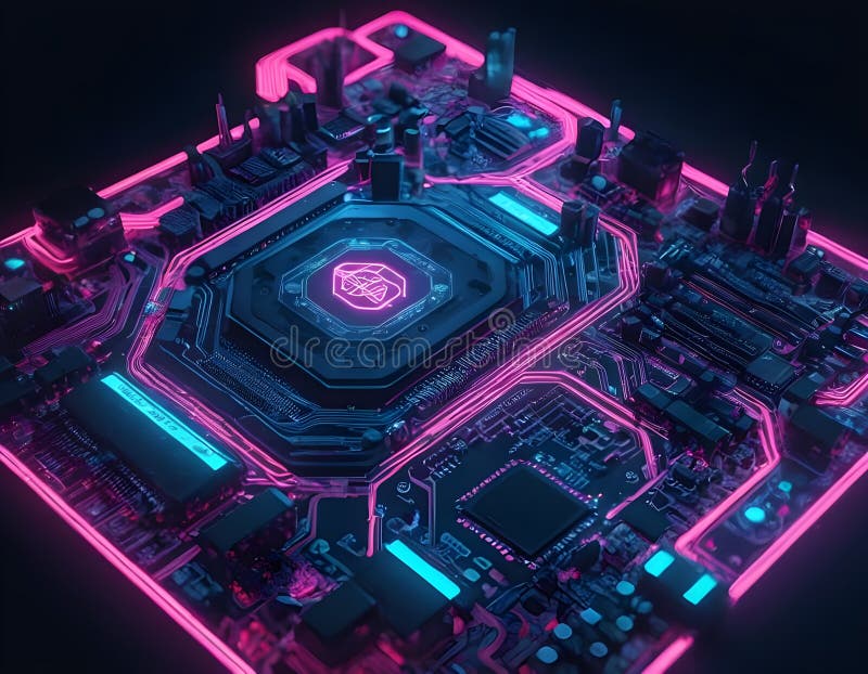 Computer Motherboard with Pink and Blue Neon Lights, Electronic Circuit ...