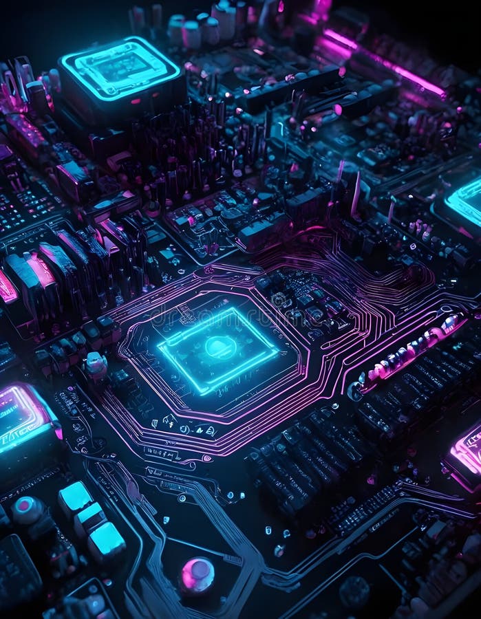 Computer Motherboard with Pink and Blue Neon Lights, Electronic Circuit ...