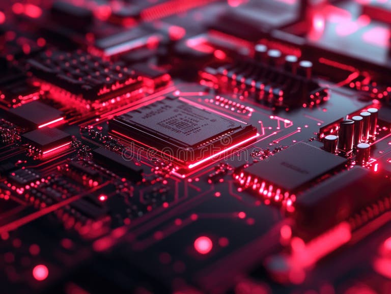 Computer Motherboard with Red Lights Stock Photo - Image of board ...