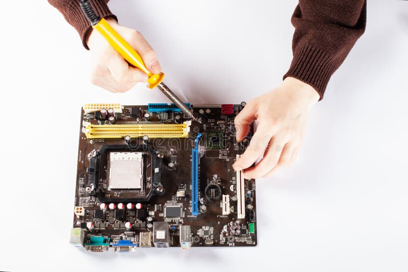 Computer Motherboard Repair. Stock Photo - Image of white, hands: 174787592