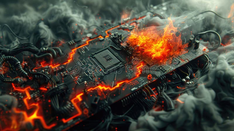 A Computer Motherboard is Surrounded by Flames and Billowing Smoke ...