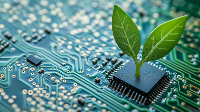 A Computer Motherboard with Two Green Shoots Growing from a Microchip ...