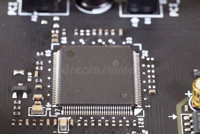 Computer motherboard with a view of parts and components. Industry ...