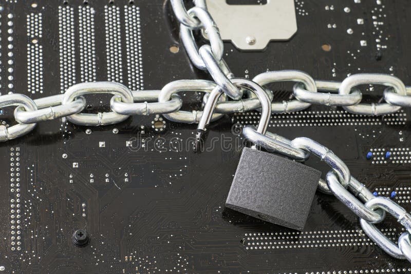 The Computer Motherboard is Wrapped with an Iron Chain the Lock on the ...