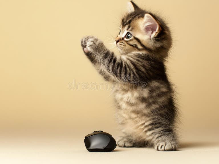 A Computer Mouse is Being Played with by a Little Kitten, and a Cat Has ...