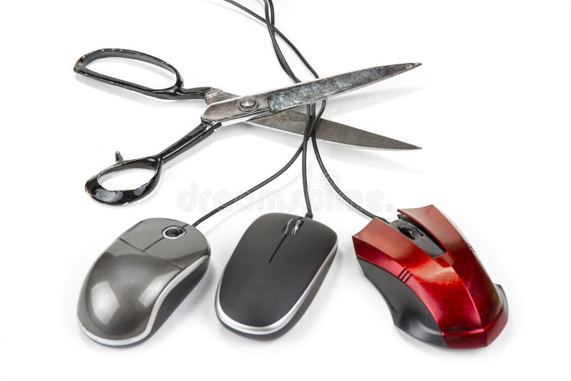 Computer Mouse with Black Cable and Scissors. Cut Out or Wireless ...