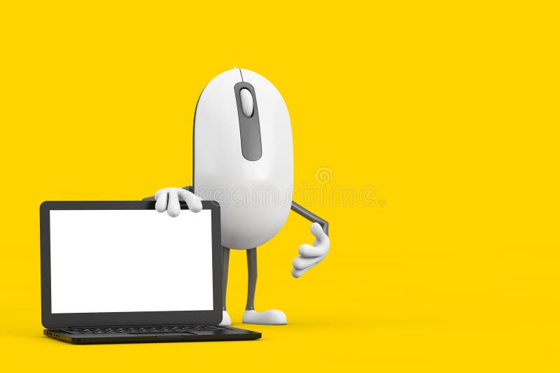 Computer Mouse Cartoon Person Character Mascot with Modern Laptop ...