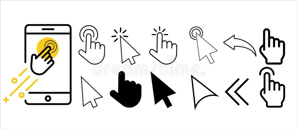 Computer Mouse Click Cursor Gray Arrow Icons Set and Loading Icons ...