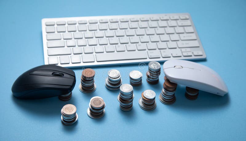 Computer Mouse and Coins on the Blue Background Stock Image - Image of ...