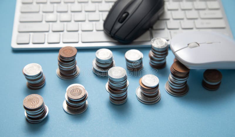 Computer Mouse and Coins on the Blue Background Stock Image - Image of ...