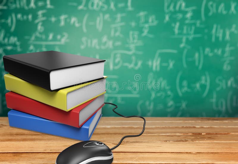 Computer Mouse and Stack of Books on Wooden Table Stock Image - Image ...