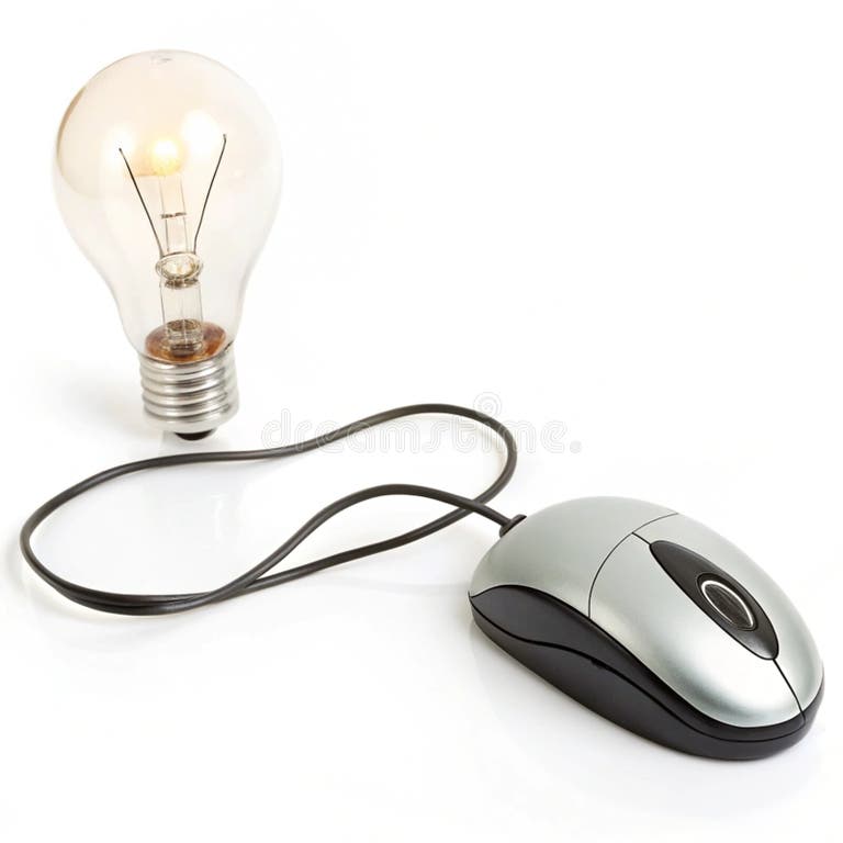 Computer Mouse Connected To Light Bulb Isolated on White Background ...