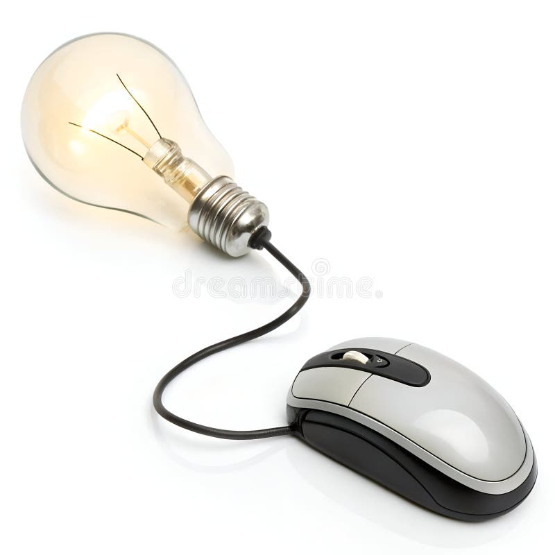 Computer Mouse Connected To a Light Bulb Isolated on White Background ...