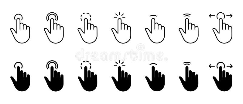 Computer Mouse Cursor Finger Line and Silhouette Icon Set. Hand Pointer ...