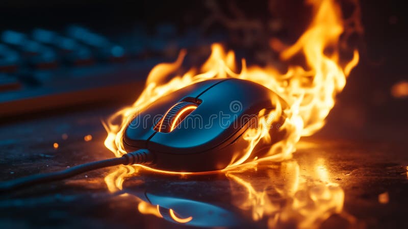 A Computer Mouse on Fire with a Keyboard in the Background Stock Image ...