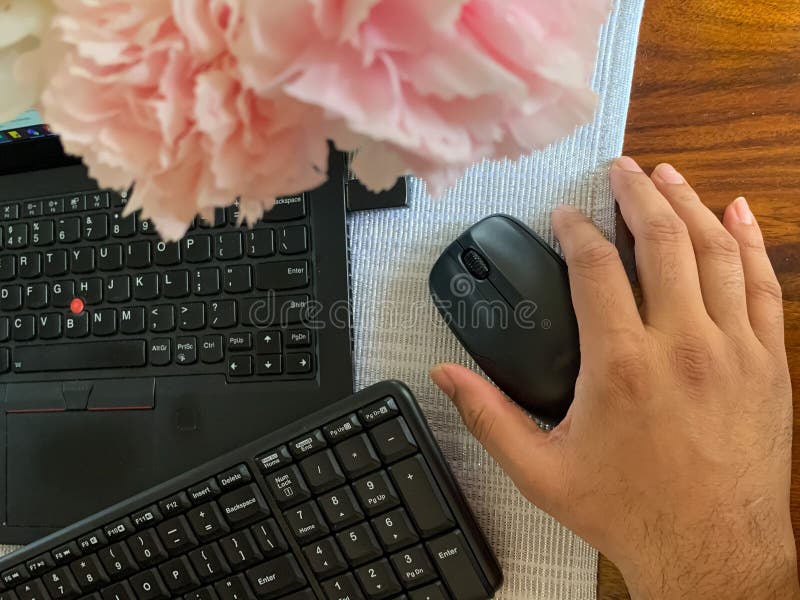 Computer Mouse with Keyboard and Pink Peony Flower on Wooden Table ...