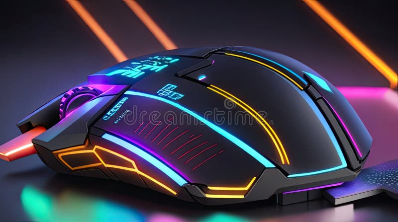 Computer Mouse with Neon Lights on a Dark Background. 3d Rendering ...