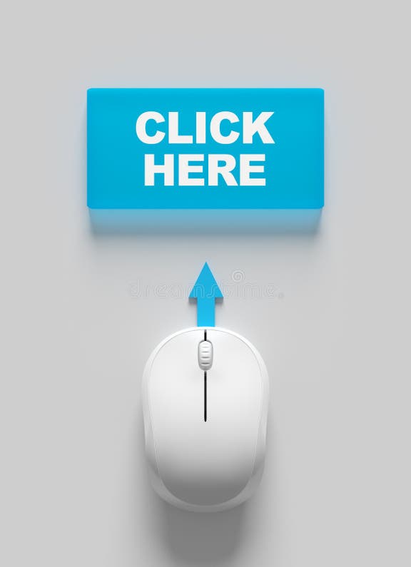 Computer Mouse Pointing at Click Here Button with Arrow Symbol Stock ...