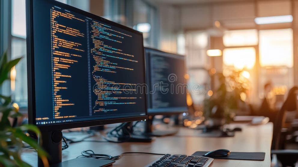Computer with Multiple Monitors Displaying Code in a Dimly Lit Environment, Suggesting a Focus ...