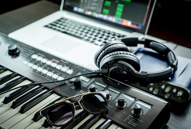 Computer Music Studio Equipment with Sunglasses Stock Photo - Image of ...