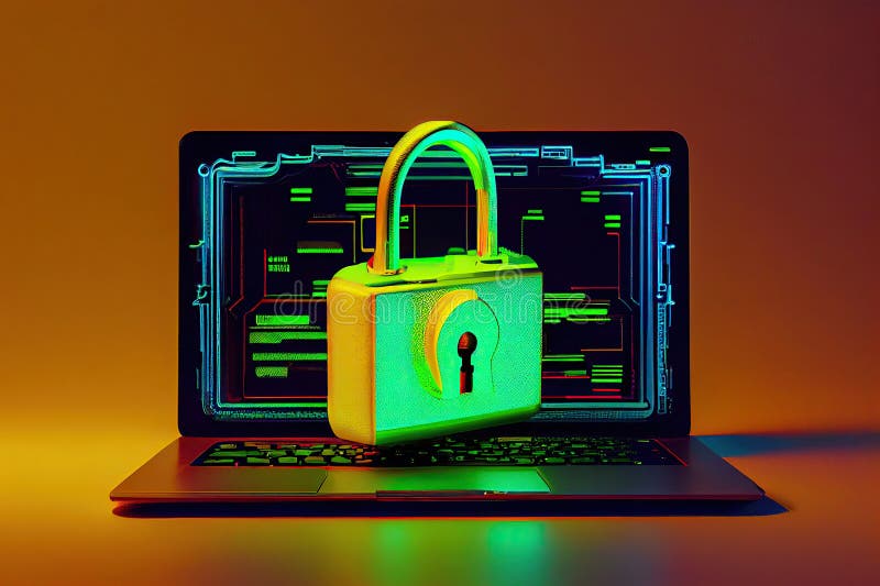 Computer on Neon Green Background with Lock As a Concept of Cyber ...