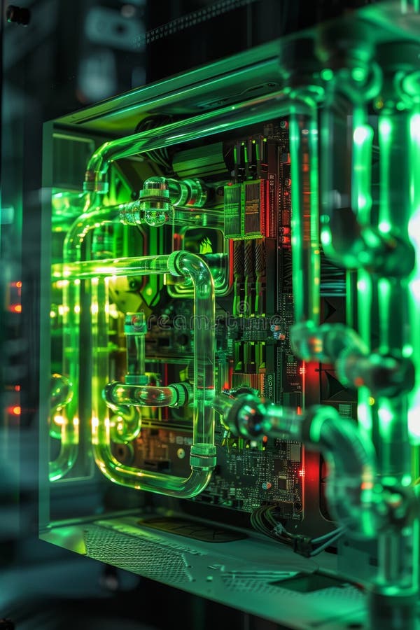 A Computer with Neon Green Liquid Cooling Pipes and Illuminated ...