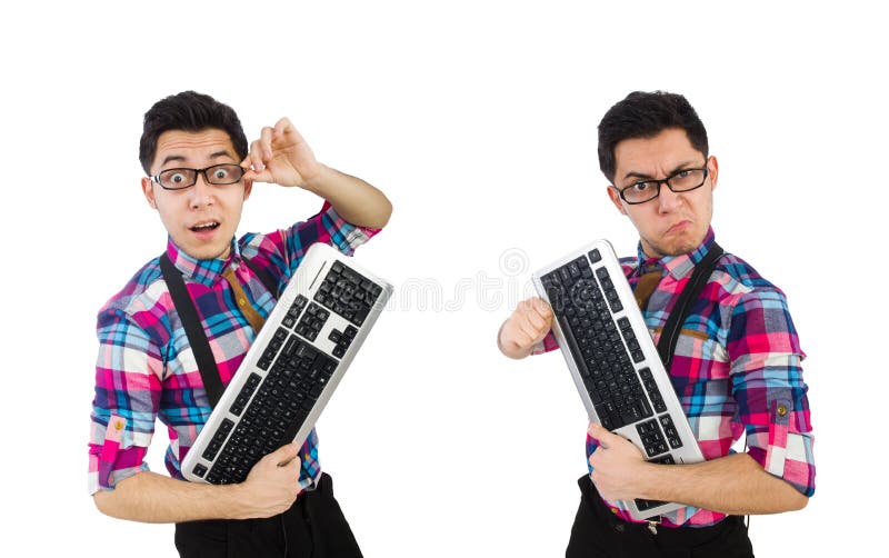 Computer Nerd with Keyboard Isolated on White Stock Photo - Image of ...