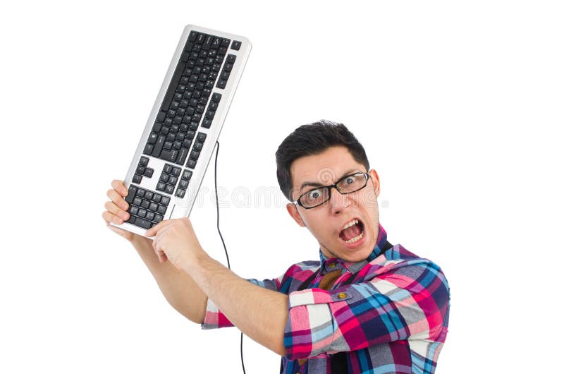 Computer Nerd with Keyboard Isolated Stock Image - Image of glasses ...
