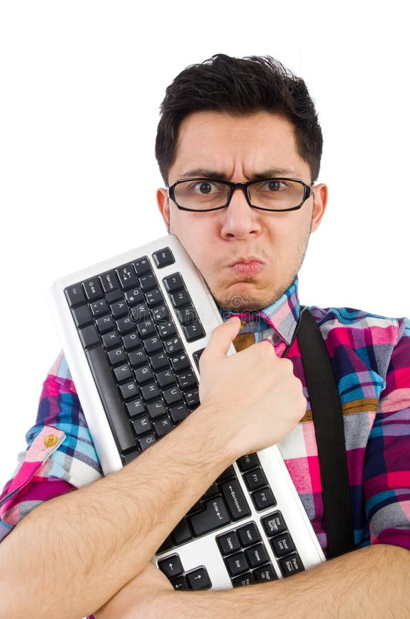 Computer Nerd with Keyboard Isolated Stock Photo - Image of expression ...