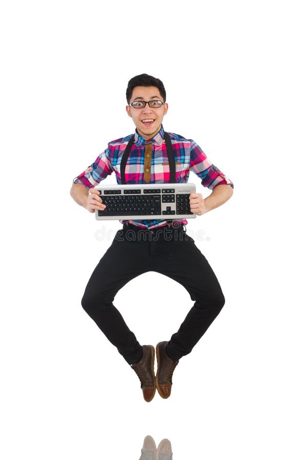 Computer Nerd with Keyboard Isolated Stock Image - Image of emotion ...
