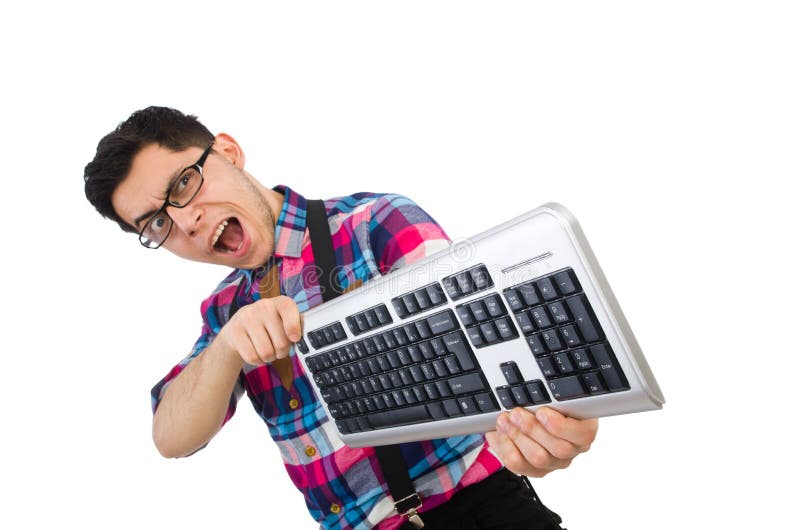 Computer Nerd with Keyboard Isolated Stock Photo - Image of glasses ...