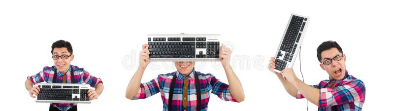 Computer Nerd with Keyboard Isolated on White Stock Photo - Image of ...