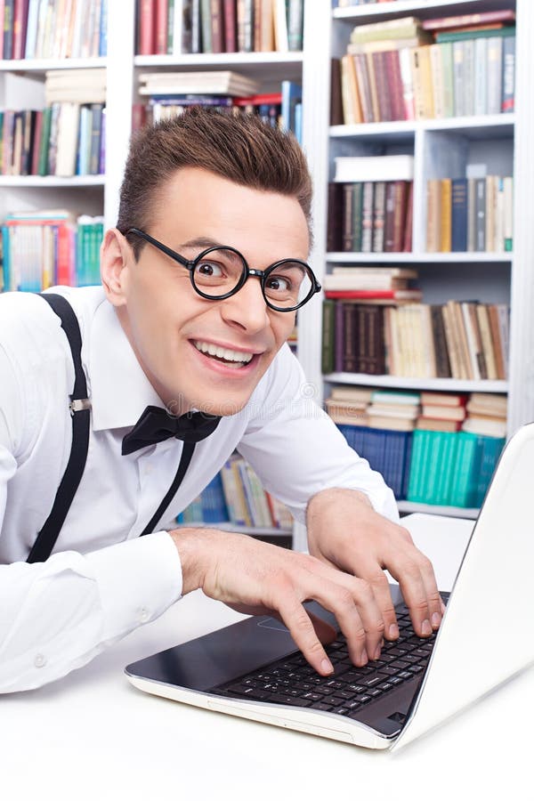 Funny Guy Browsing Internet Stock Image - Image of geek, computer: 12108339