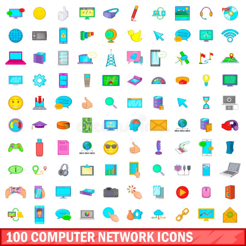 100 Computer Network Icons Set, Cartoon Style Stock Vector ...